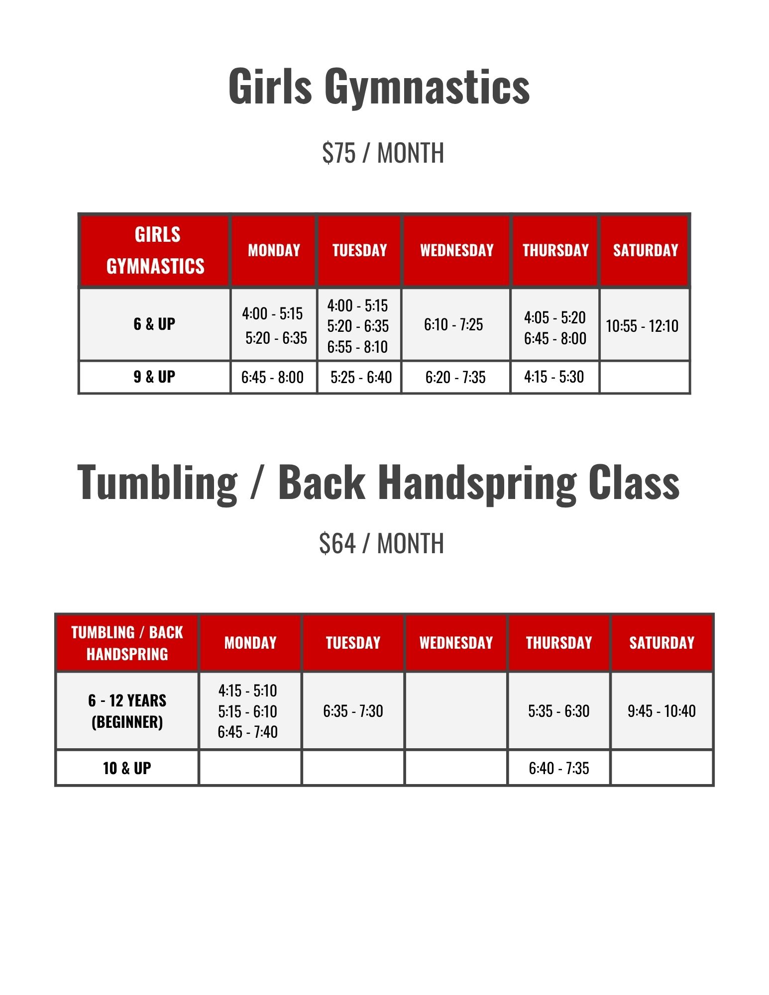 Class Schedules – HOME